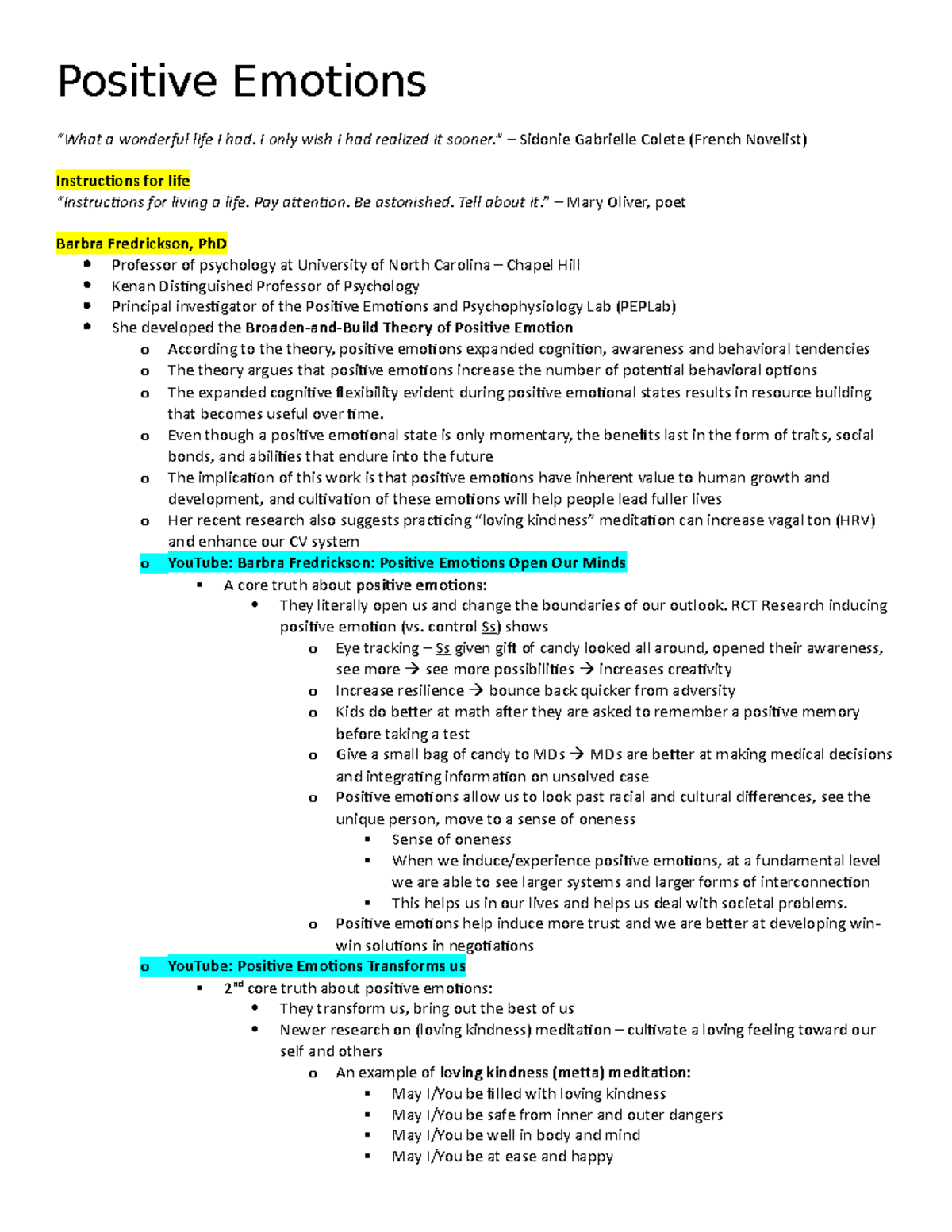 Positive Emotions - Lecture notes 6 - Positive Emotions “What a ...
