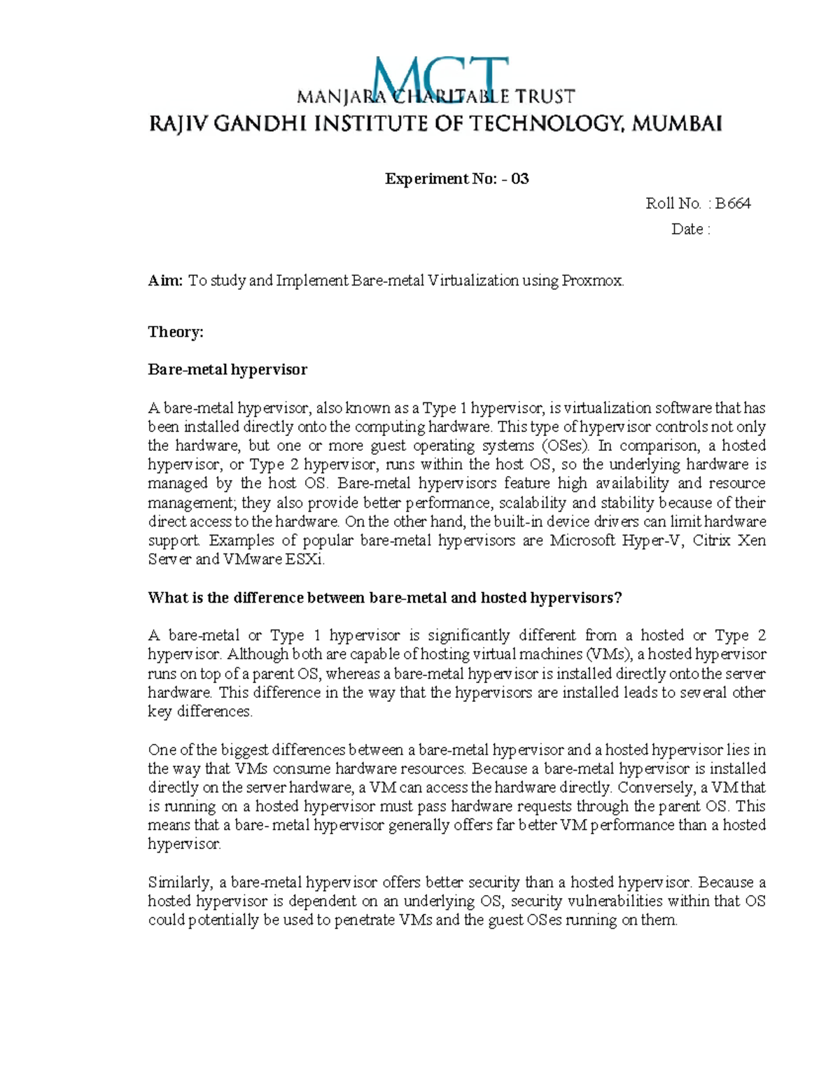 CC Experiment 03 - Aim: To study and Implement Bare-metal Virtualization using Proxmox. Theory ...