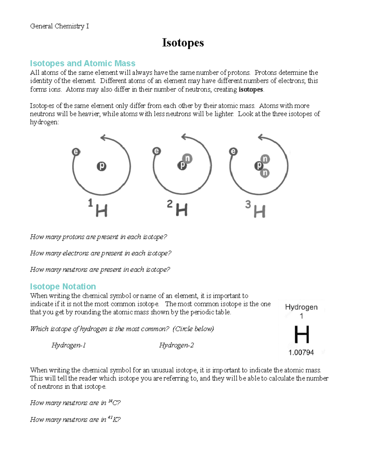 Isotopes 3 - This is coursework for General Chemistry I. - General ...