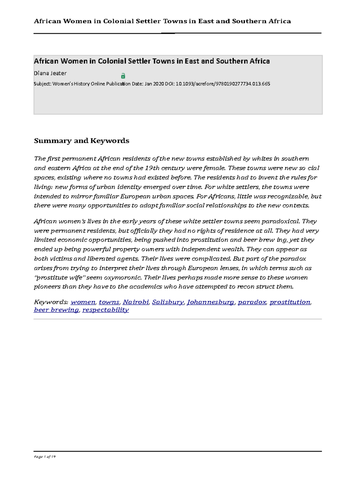 Jeater Women in Settler Towns ORE - African Women in Colonial Settler ...