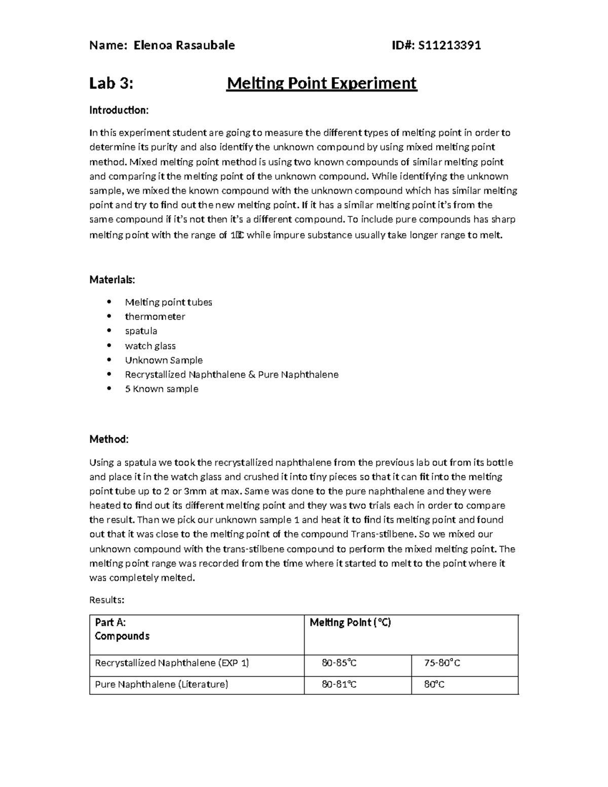 Lab 3 Chem - practical - Name: Elenoa Rasaubale ID#: S Lab 3: Melting ...