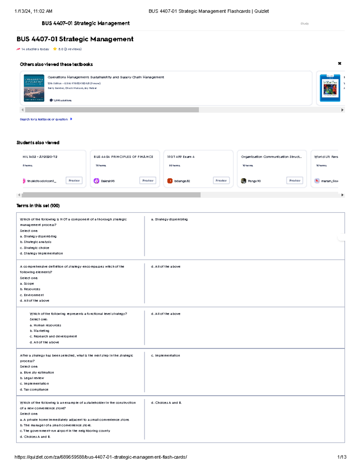 BUS 4407-01 Strategic Management Flashcards Quizlet - BUS 4407-01 ...