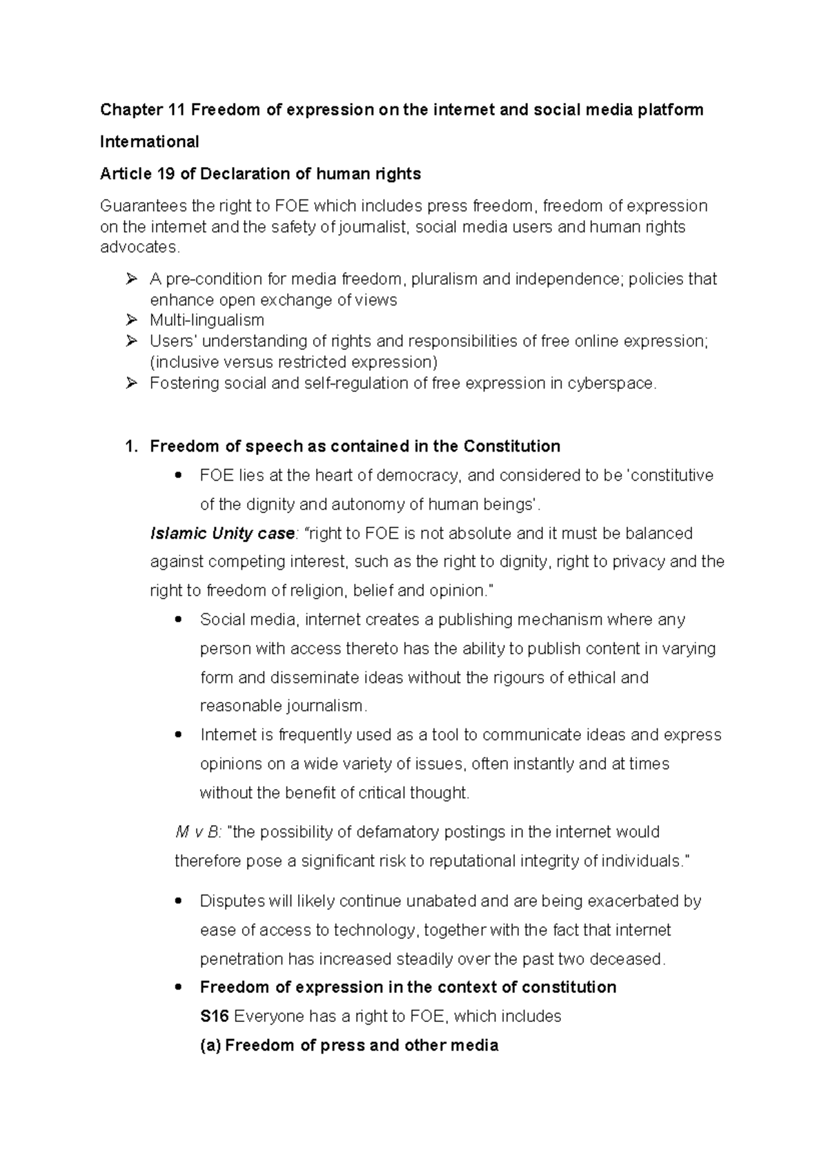 Notes on chapter 10 - Summary Cyberlaw @ SA IV - Chapter 11 Freedom of ...
