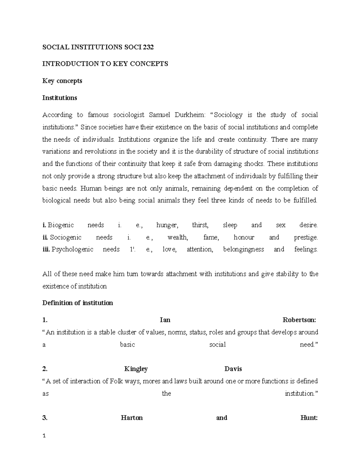 Lesson ONE Social Institutions SOCI 232 - SOCIAL INSTITUTIONS SOCI 232 ...