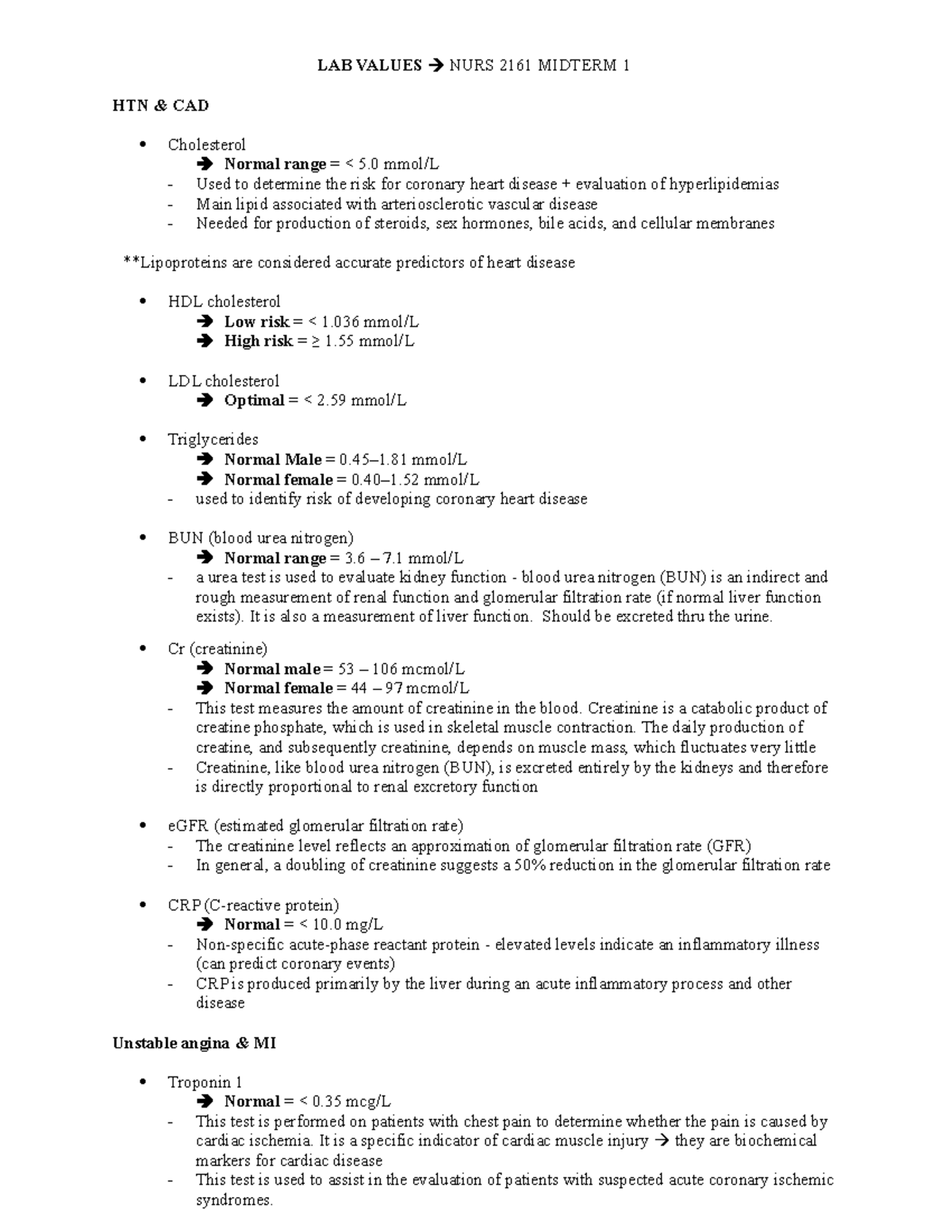 NURS 2161 - Lab Values - LAB VALUES NURS 2161 MIDTERM 1 HTN & CAD ...
