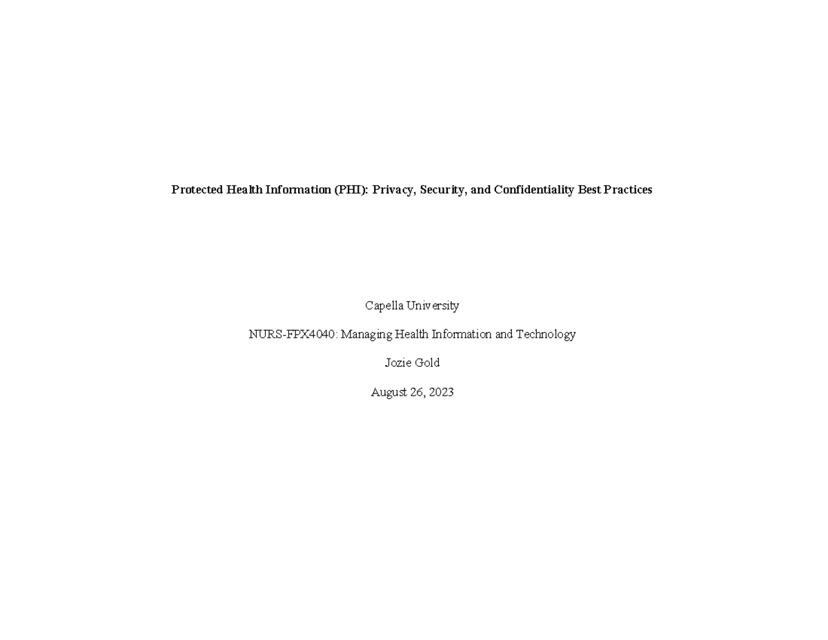 NHS-FPX4040 Assessment 2-1 - Protected Health Information (PHI ...