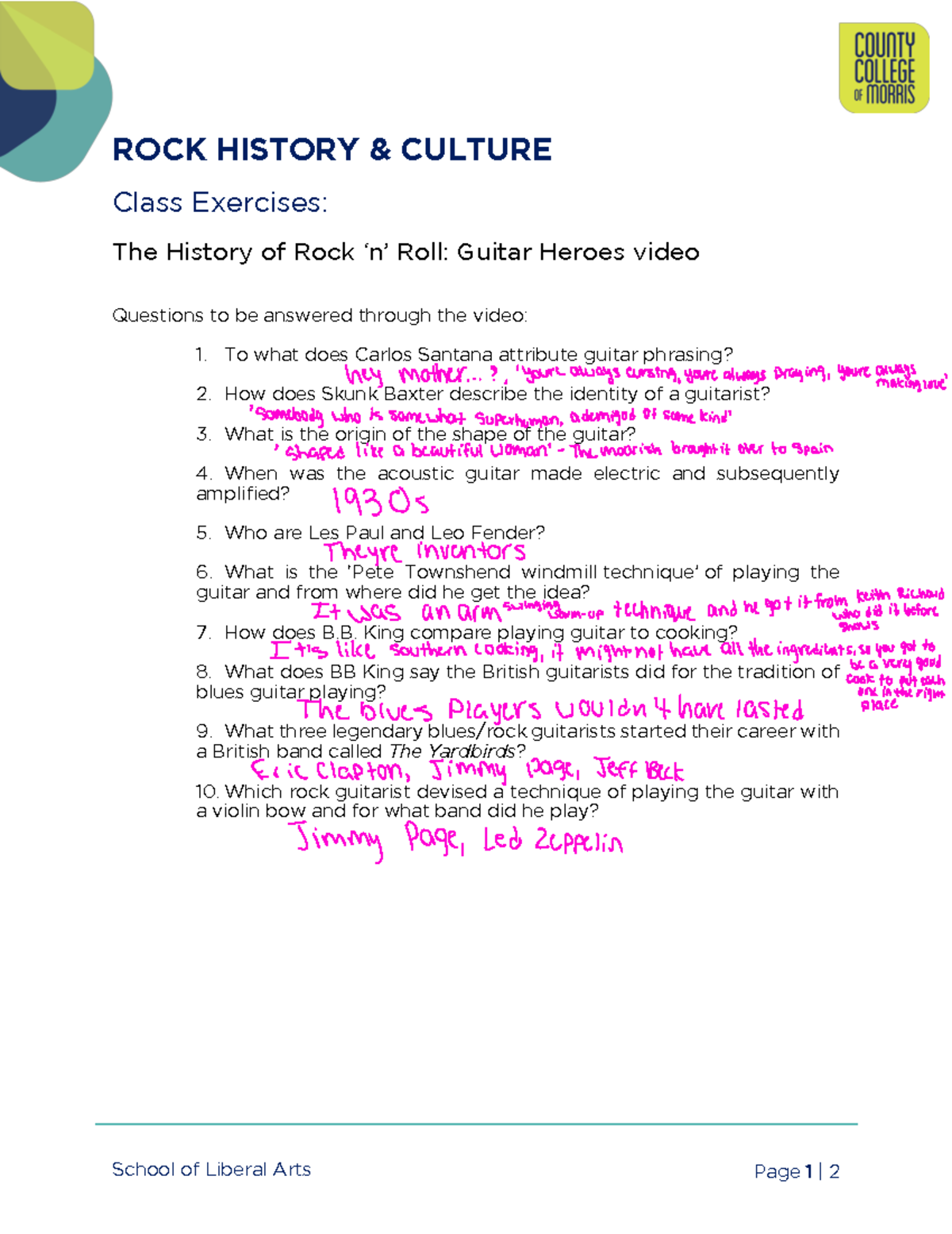 Guitar Heroes - Worksheet - School of Liberal Arts Page 1 | 2 ROCK ...