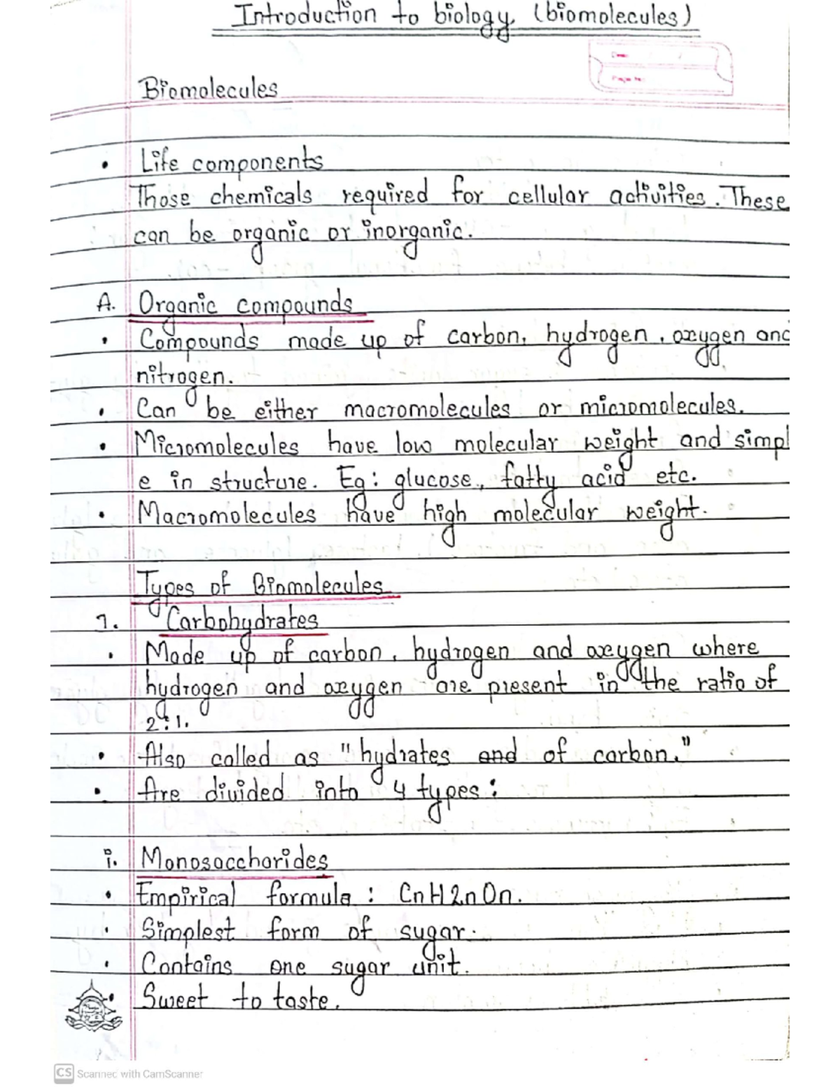 Bio - Lecture nots - Introduction to biology (biomolecules ...
