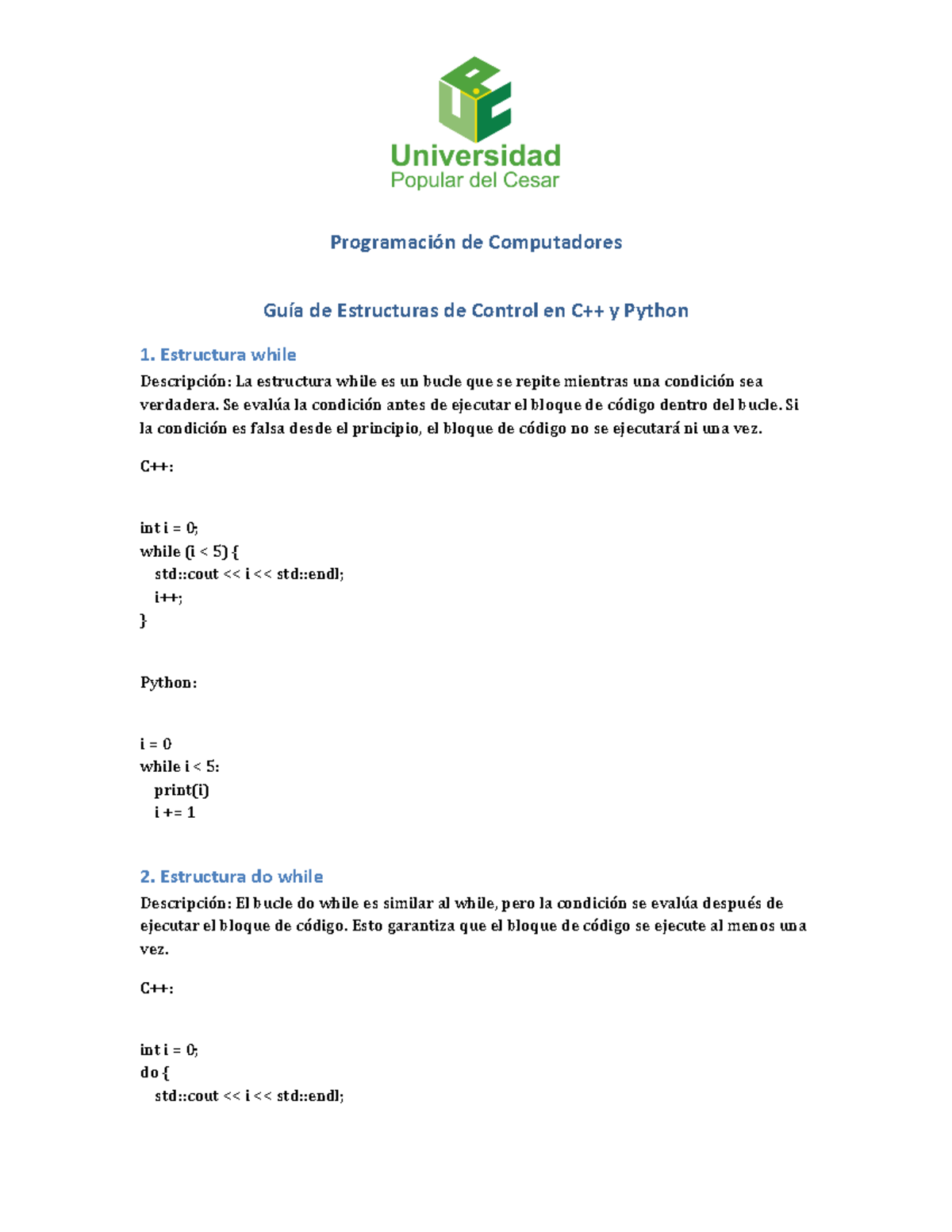 Ciclos Wh Do Wh - Guía de Estructuras de Control en C++ y Python - Programación de Computadores ...