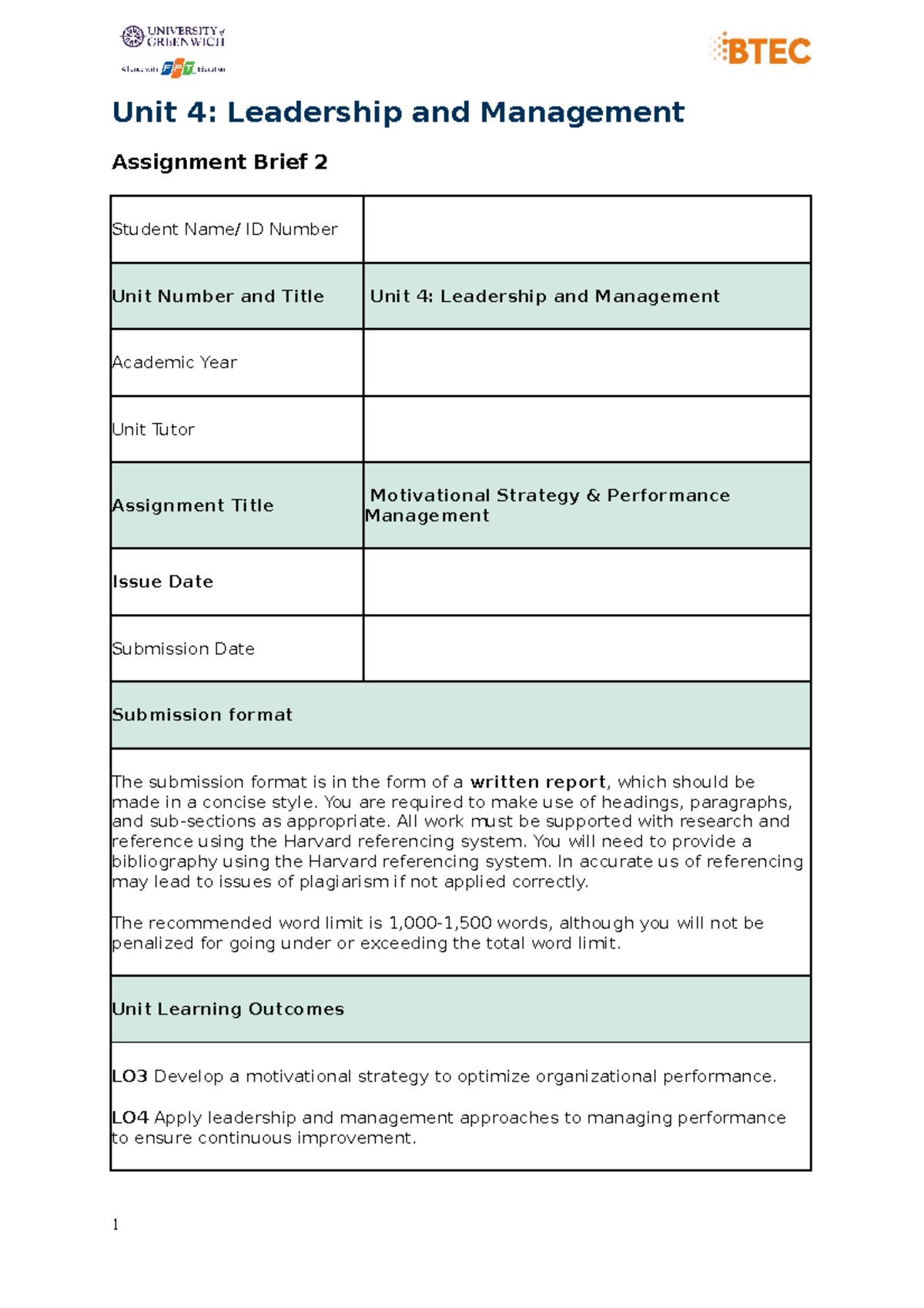 5036 -Assignment-Brief-2 - Unit 4: Leadership and Management Assignment ...