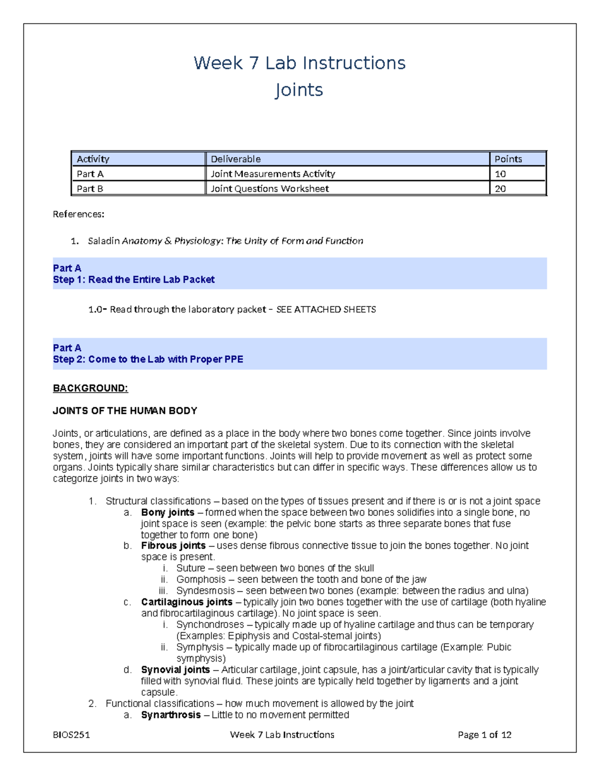 BIOS251 W7 Lab Instructions -2023 - Week 7 Lab Instructions Joints Activity Deliverable Points ...