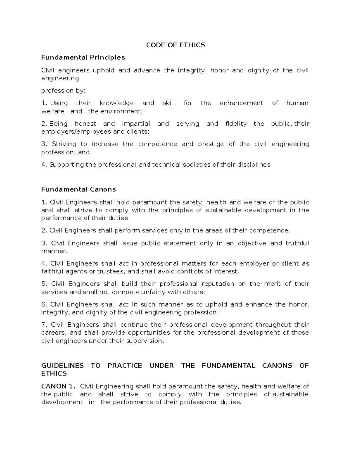 CODE OF Ethics - CODE OF ETHICS Fundamental Principles Civil engineers ...