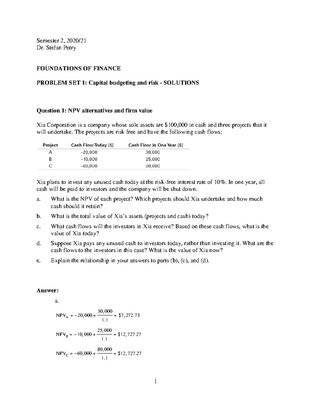 01 Problem Set Solutions - Semester 2, 2020/ Dr. Stefan Petry ...