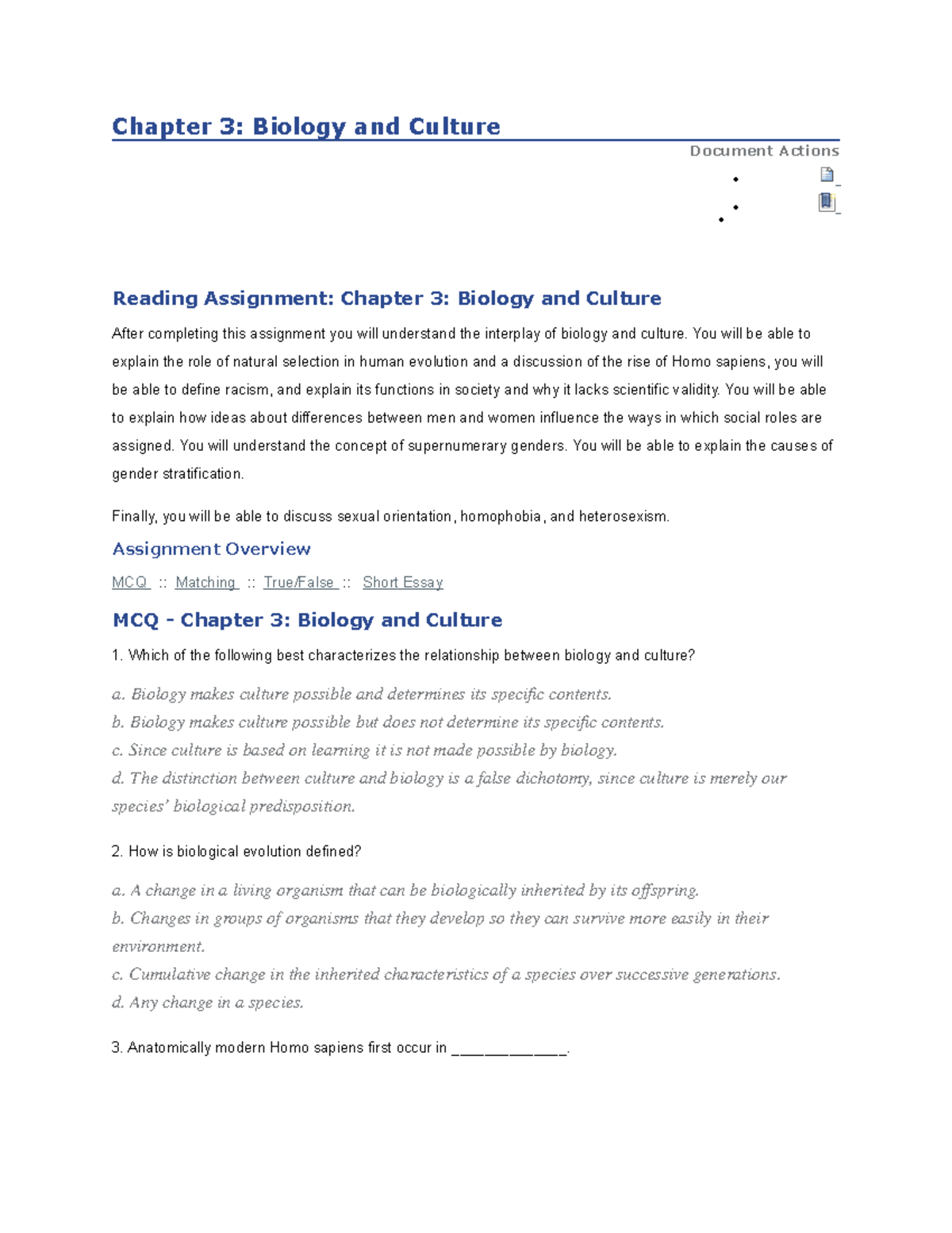 Chapter 3 - Lecture notes 3 - Chapter 3: Biology and Culture Document ...