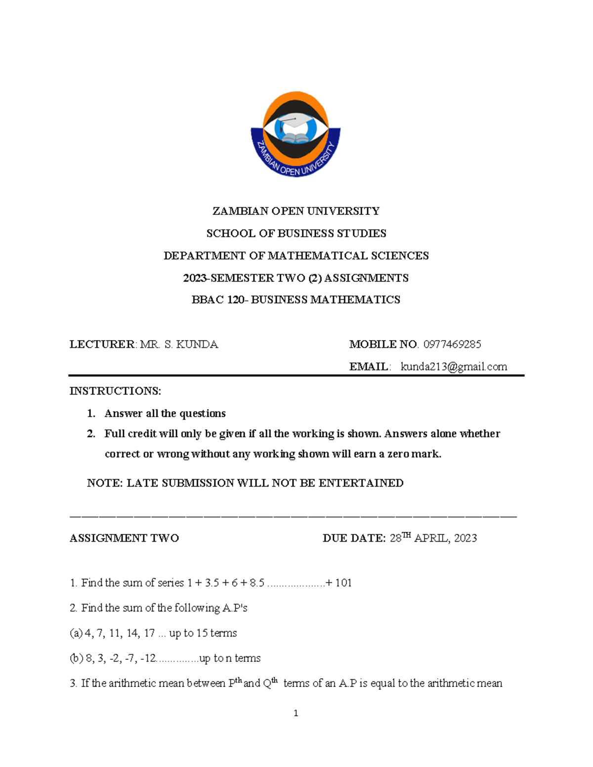 2023 1 BBAC 120 A2 - Maths - 1 ZAMBIAN OPEN UNIVERSITY SCHOOL OF ...