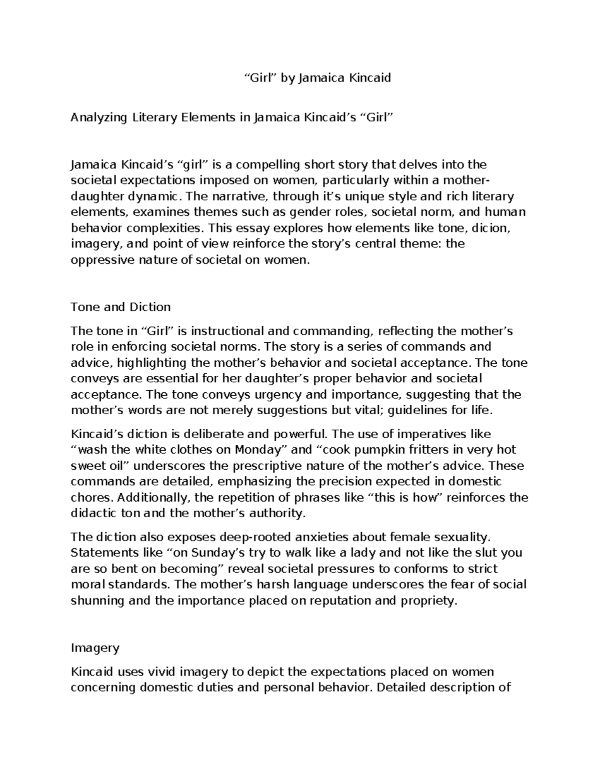 “Girl” by Jamaica Kincaid - “Girl” by Jamaica Kincaid Analyzing ...