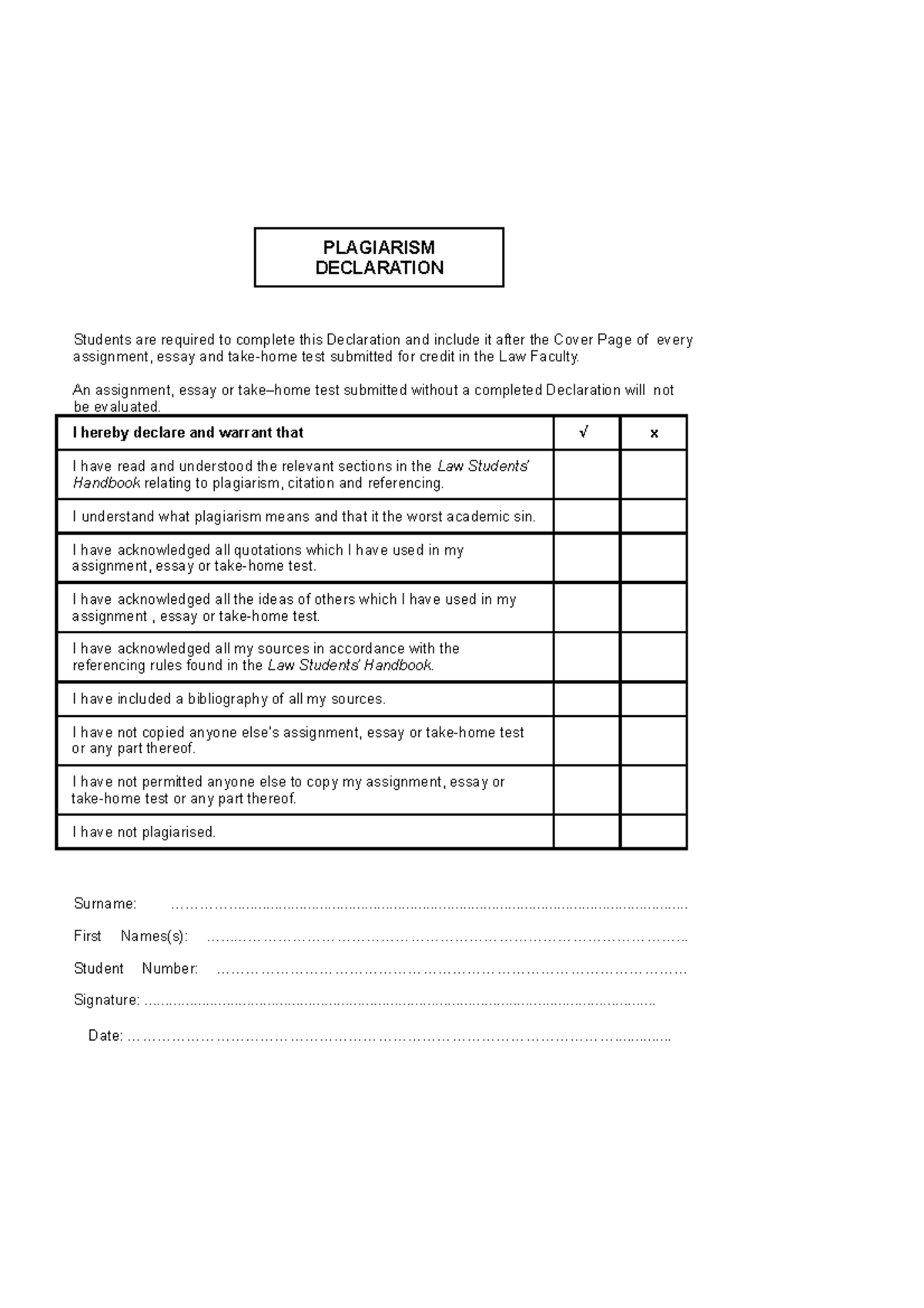 Null - Plagiarism declaration for law faculty - PLAGIARISM DECLARATION ...