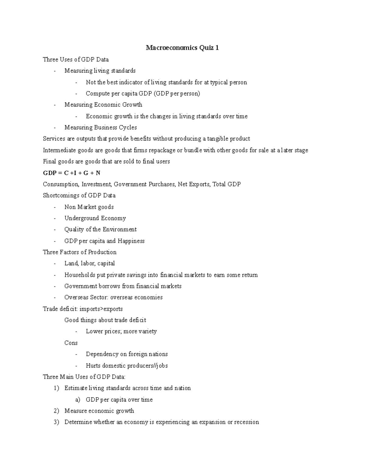 Macroeconomics Study Guide Quiz 1 - Macroeconomics Quiz 1 Three Uses of ...
