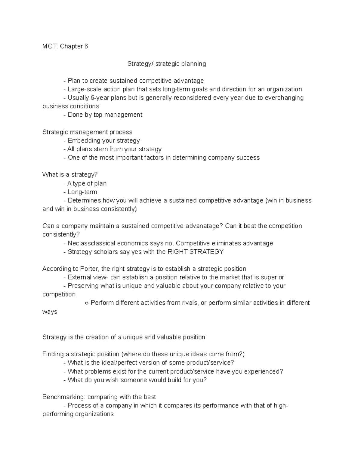 Mgt - notes - MGT. Chapter 6 Strategy/ strategic planning Plan to ...