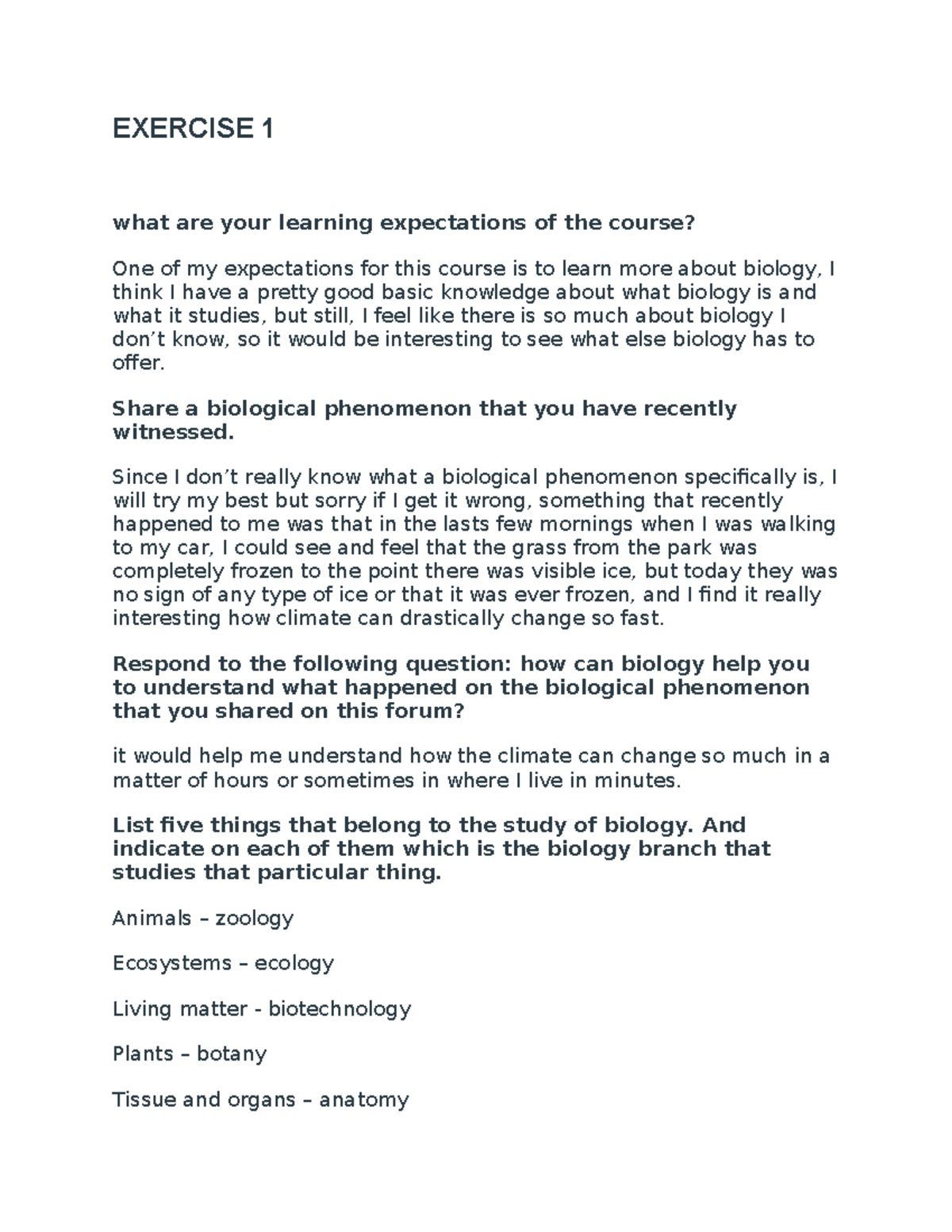 Life science - exercise 1 - EXERCISE 1 what are your learning ...