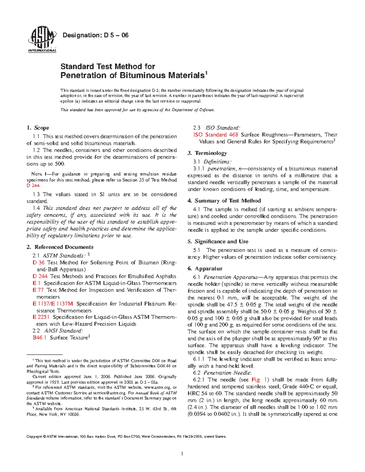 Astmd 5-2006 - Designation: D 5 – 06 Standard Test Method for ...