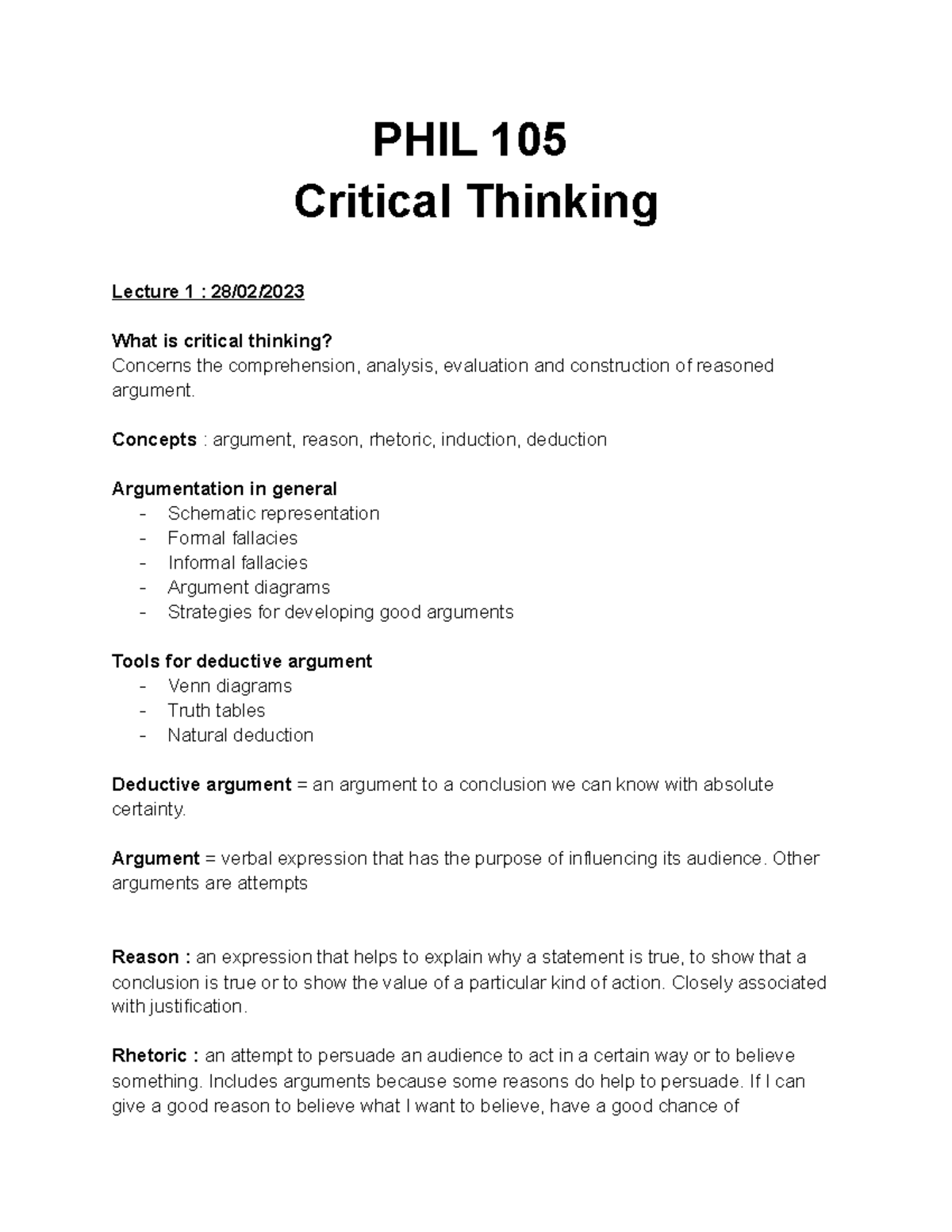 PHIL105 - Hello - Critical Thinking - University of Otago - Studocu