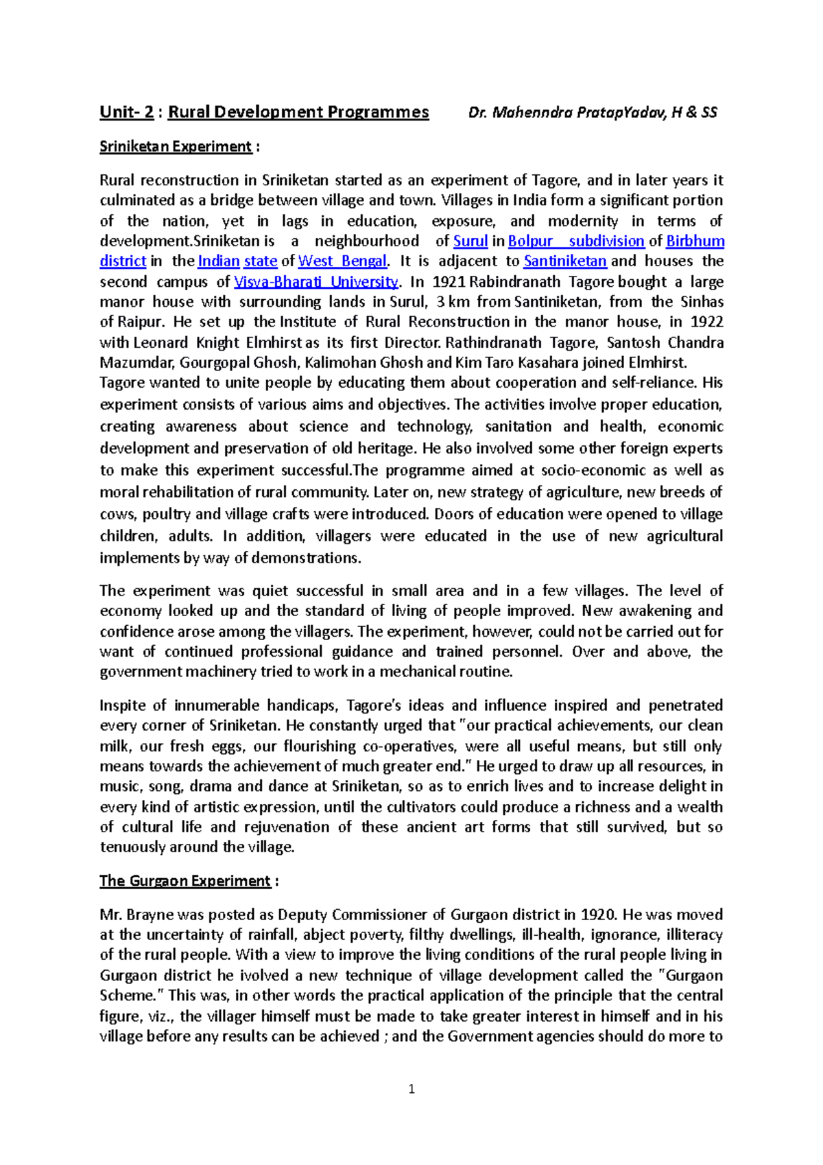 Unit- 2 RDAP - Unit- 2 : Rural Development Programmes Dr. Mahenndra PratapYadav, H & SS - Studocu