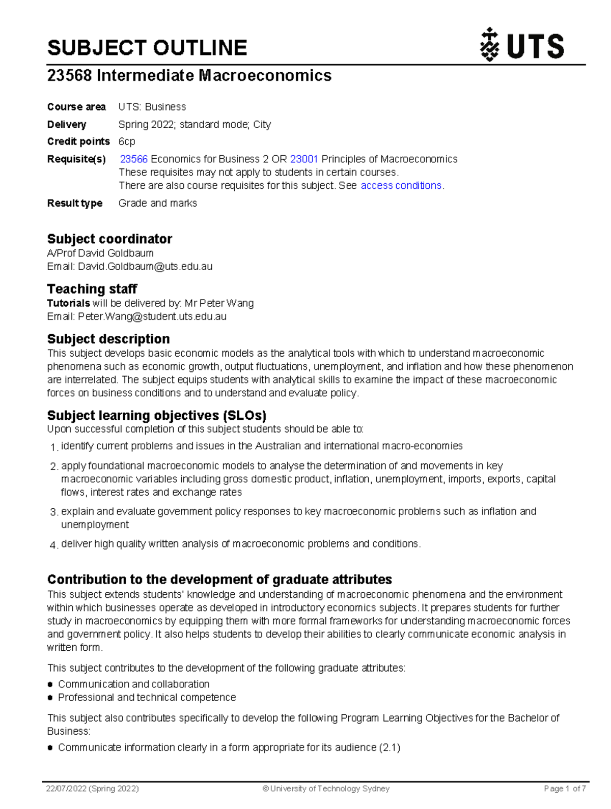 Macro outline - SUBJECT OUTLINE 23568 Intermediate Macroeconomics ...