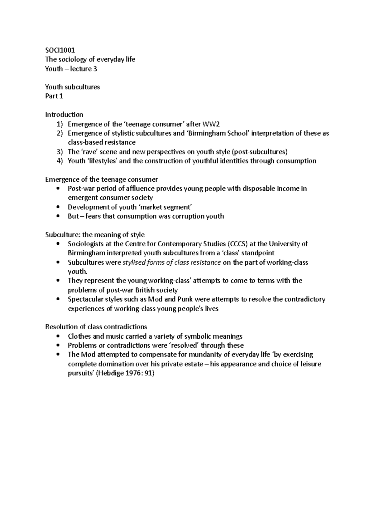 SOCI1001: Youth - Subcultures - SOCI The sociology of everyday life ...