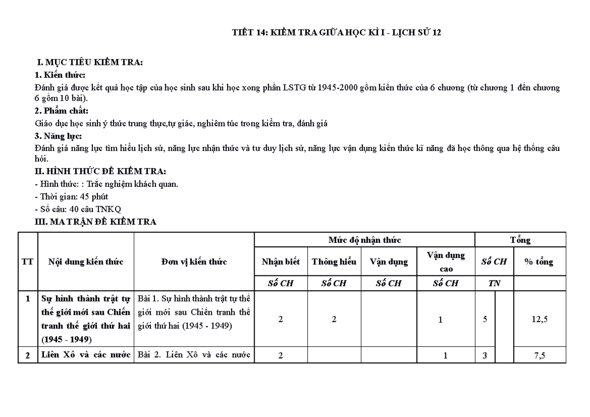 Mon Lich su TN; Ma tran, bang dac ta kiem tra giua ki I - k12 - TIẾT 14: KIỂM TRA GIỮA HỌC KÌ I ...