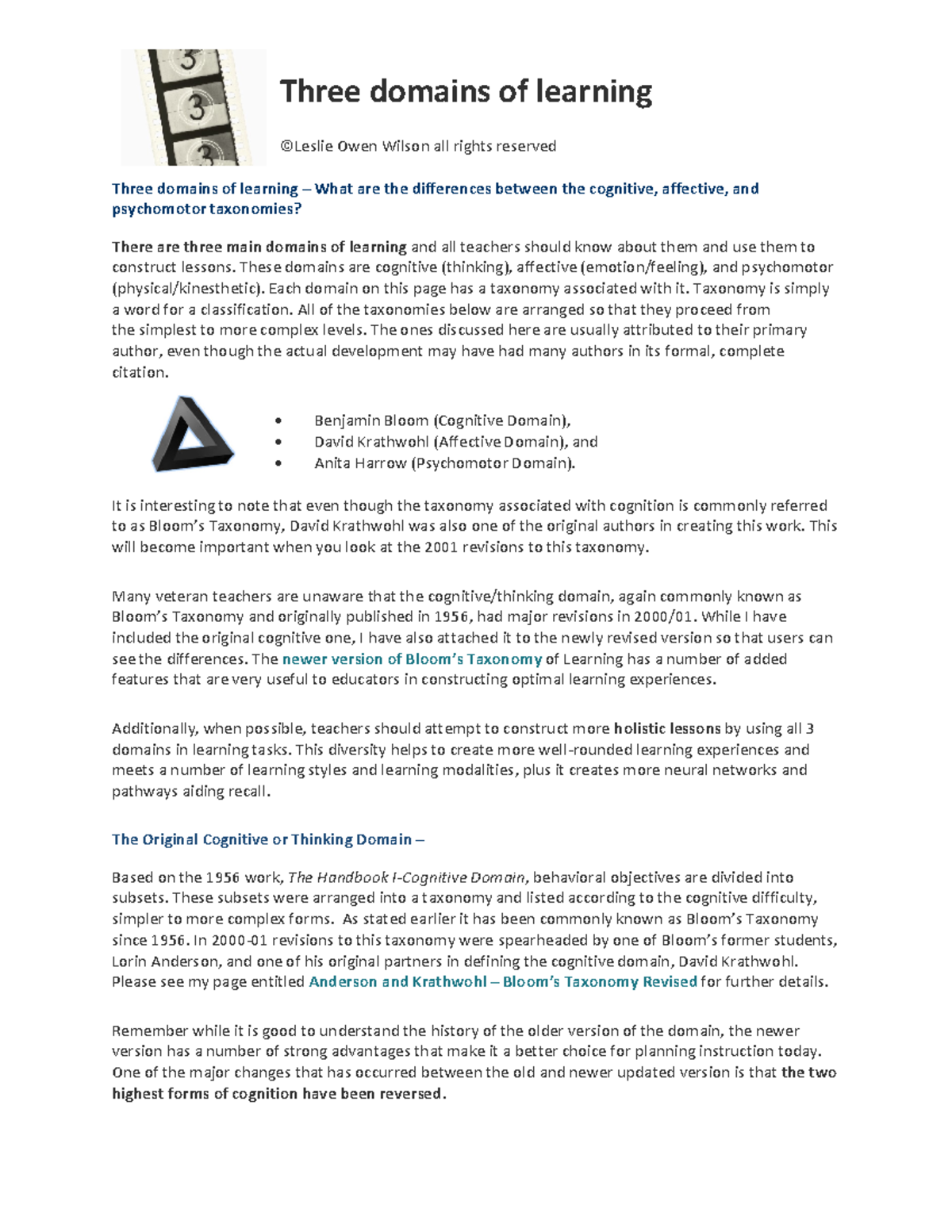 Three domains of learning - Three domains of learning ©Leslie Owen ...