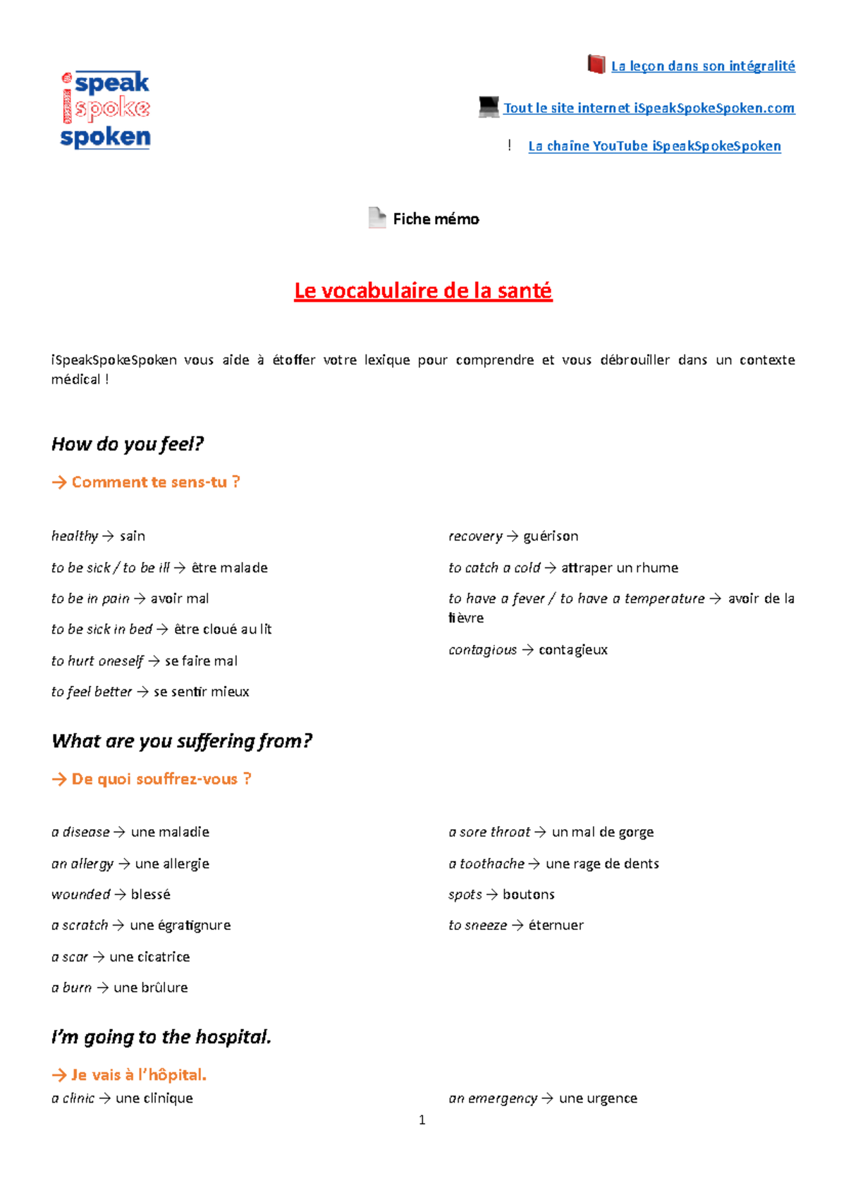 Fiche mémo vocabulaire de la santé - 📕 La leçon dans son intégralité 💻 ...