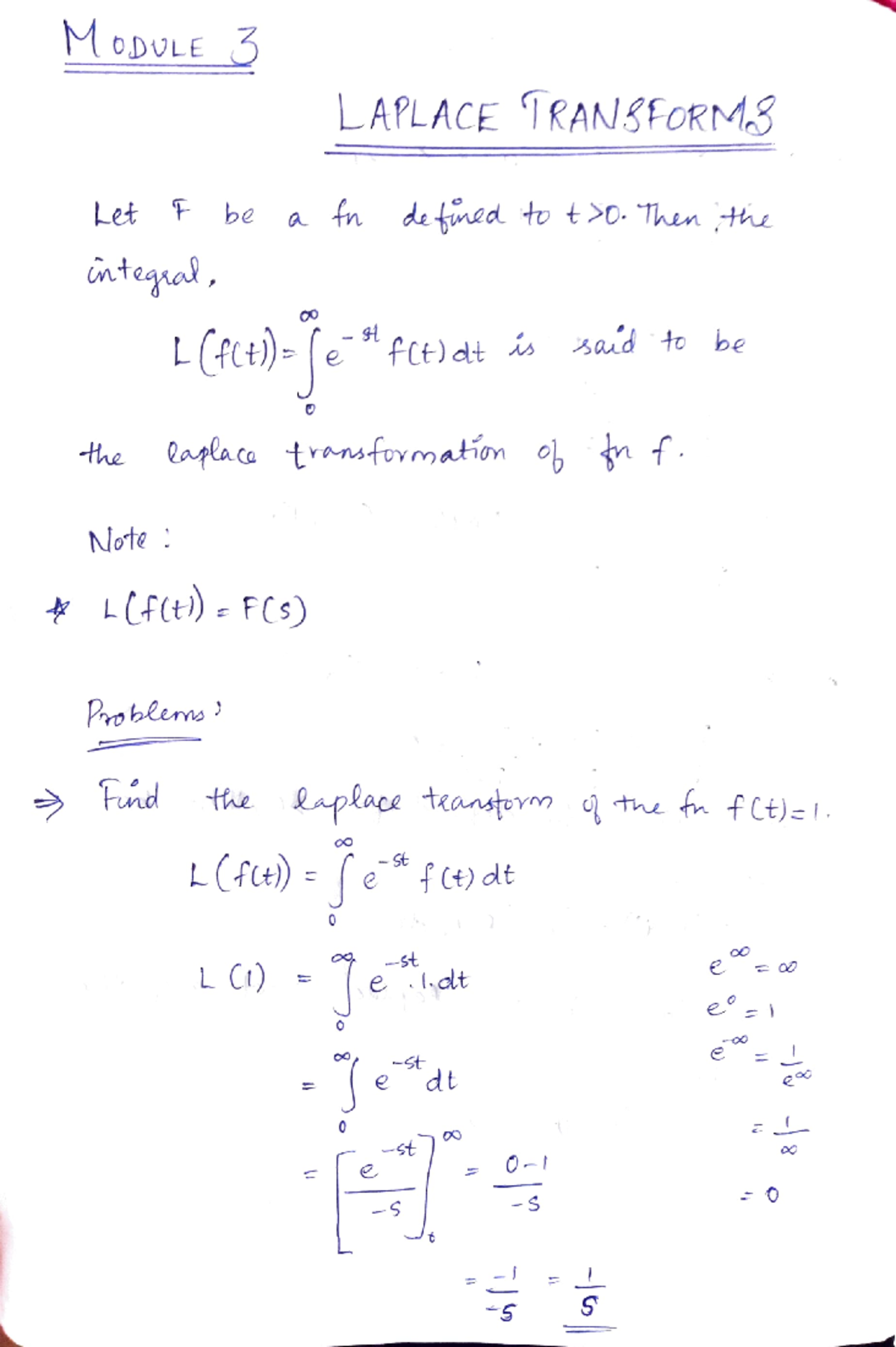 Module 3 Laplace Transforms - Let f be Gntegal, Note : the laplaca L()=| fund Problems the ...