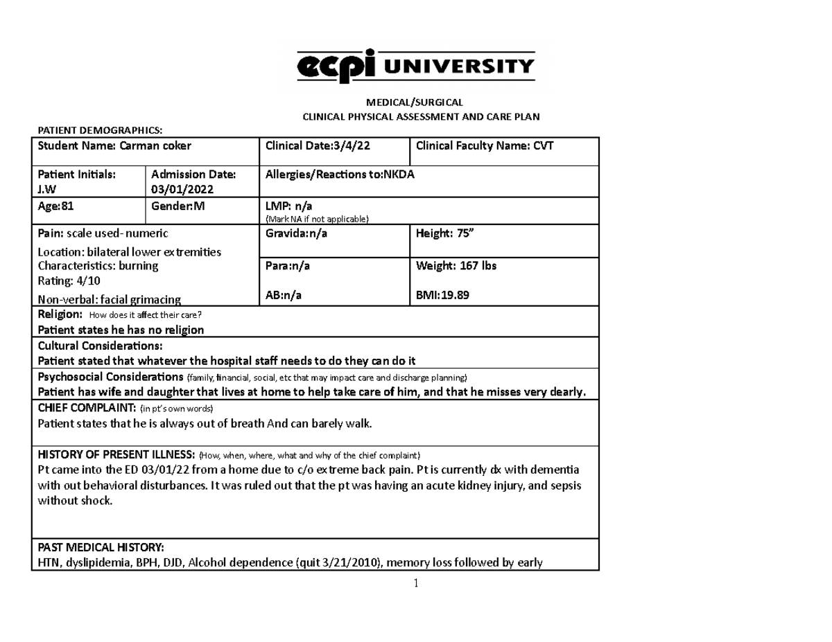 Careplan 2 nur257 - acute care ECPI - MEDICAL/SURGICAL CLINICAL ...