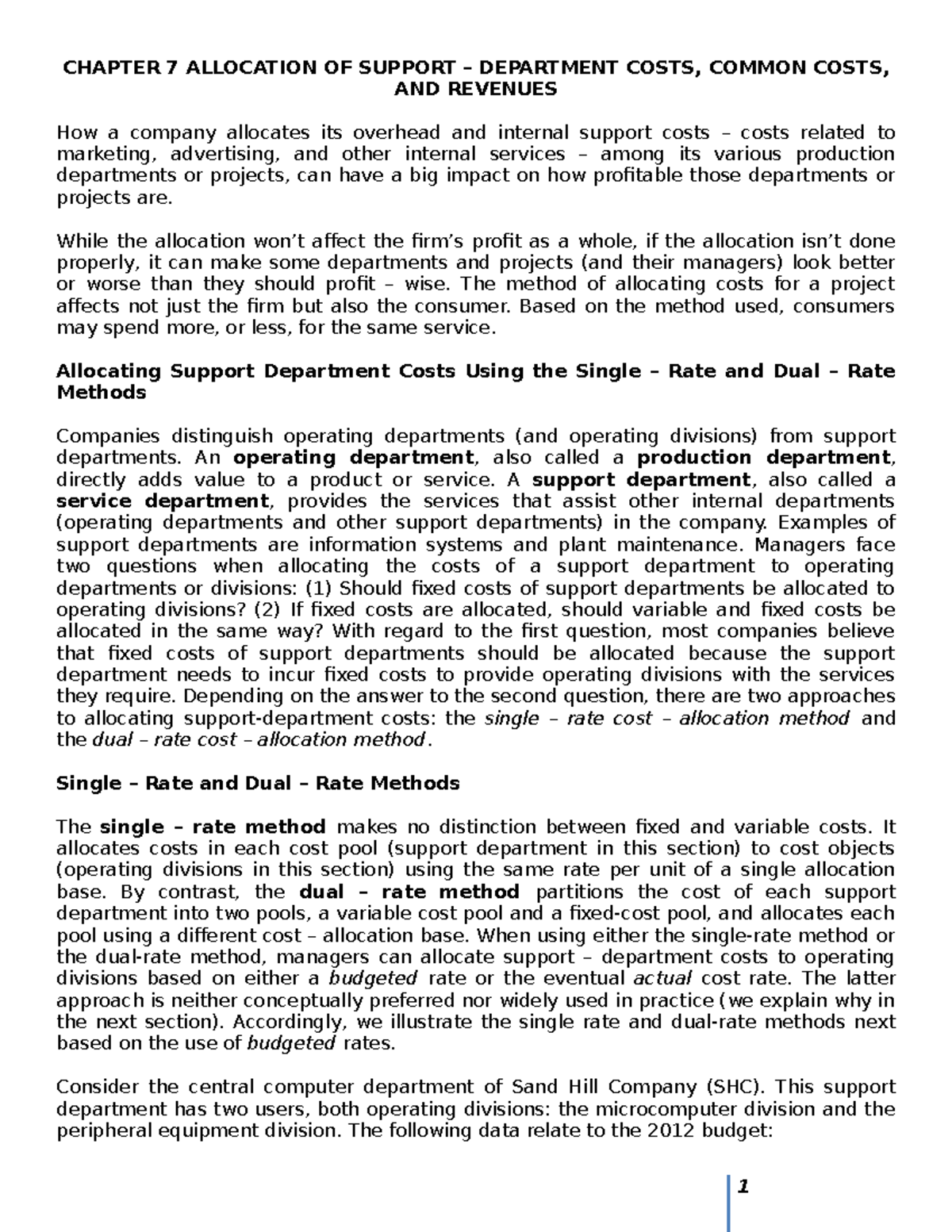 Chapter 7 Allocation OF Support – Department Costs, Common Costs, AND ...