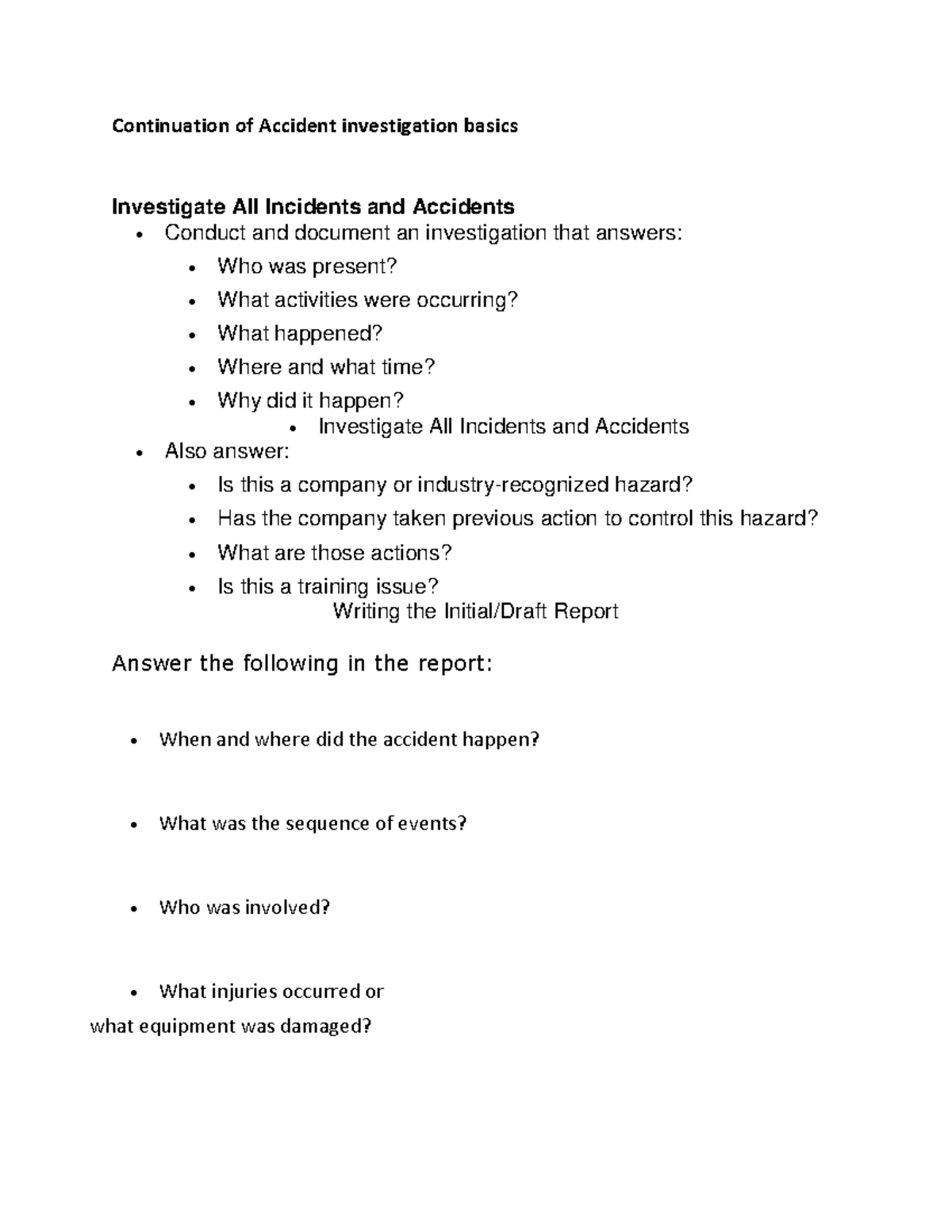 Continuation of Accident investigation basics - Continuation of ...