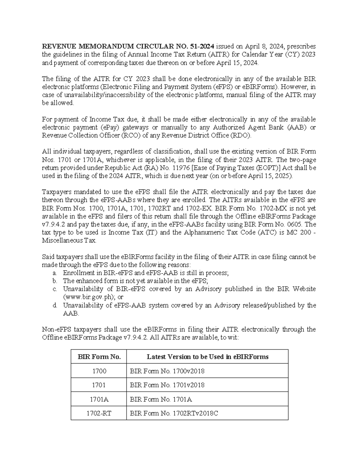 RMC No. 51-2024 - REVENUE MEMORANDUM CIRCULAR NO. 51- 2024 issued on April 8, 2024, prescribes ...