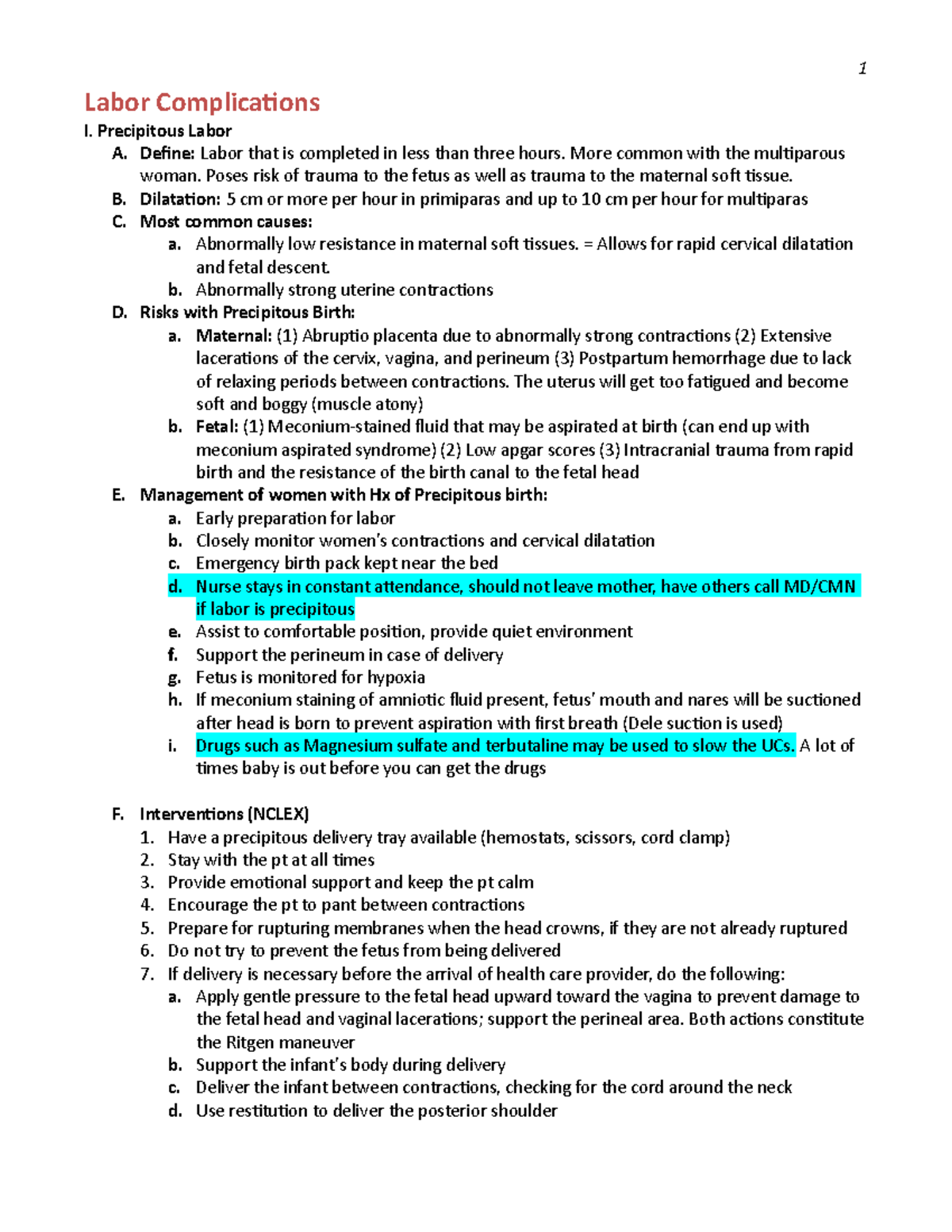 Exam 3 Outline-MB - Labor Complications I. Precipitous Labor A. Define ...