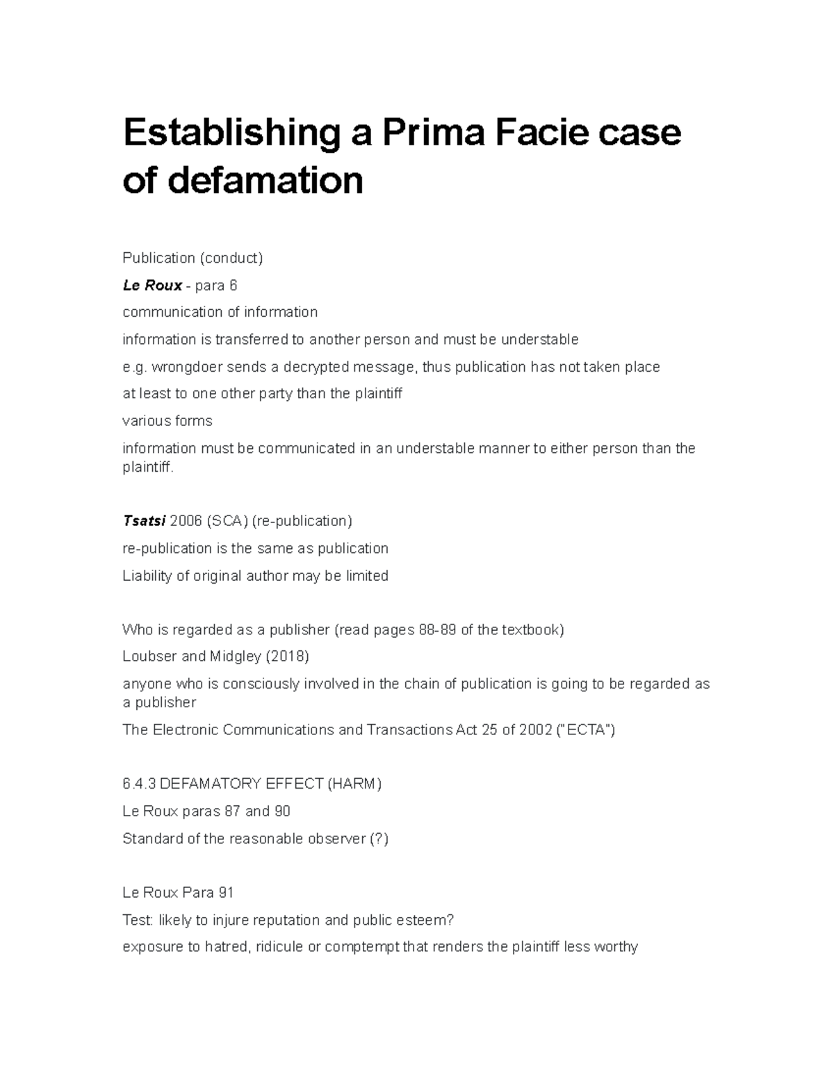 Establishing a Prima Facie case of defamation - Establishing a Prima ...