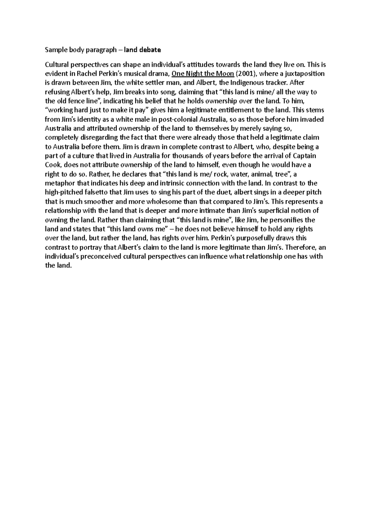 Sample body paragraph - This is evident in Rachel Perkin’s musical ...