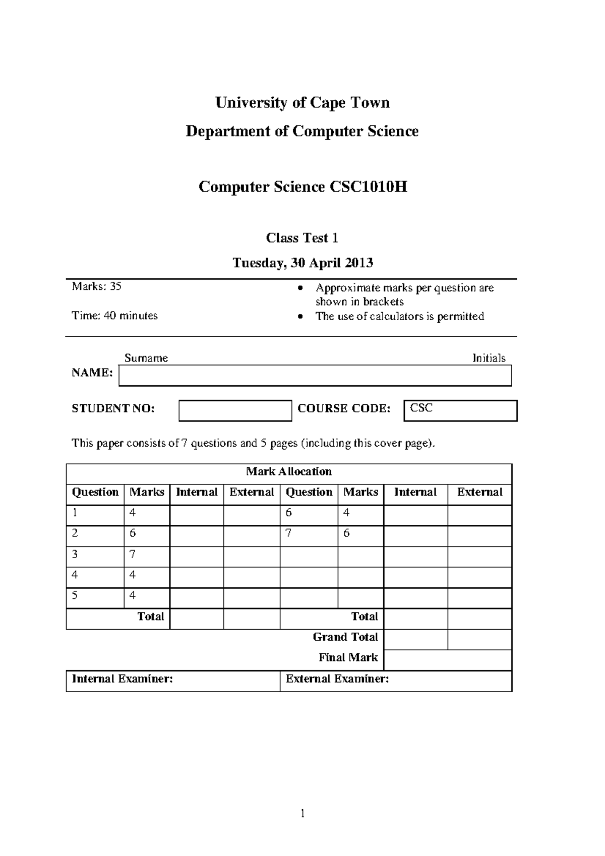CSC1010H Class Test 1 2013 answers - University of Cape Town Department ...