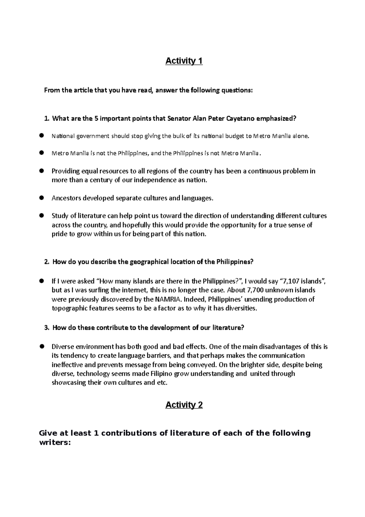 World Literature - Activity 1 From the article that you have read ...