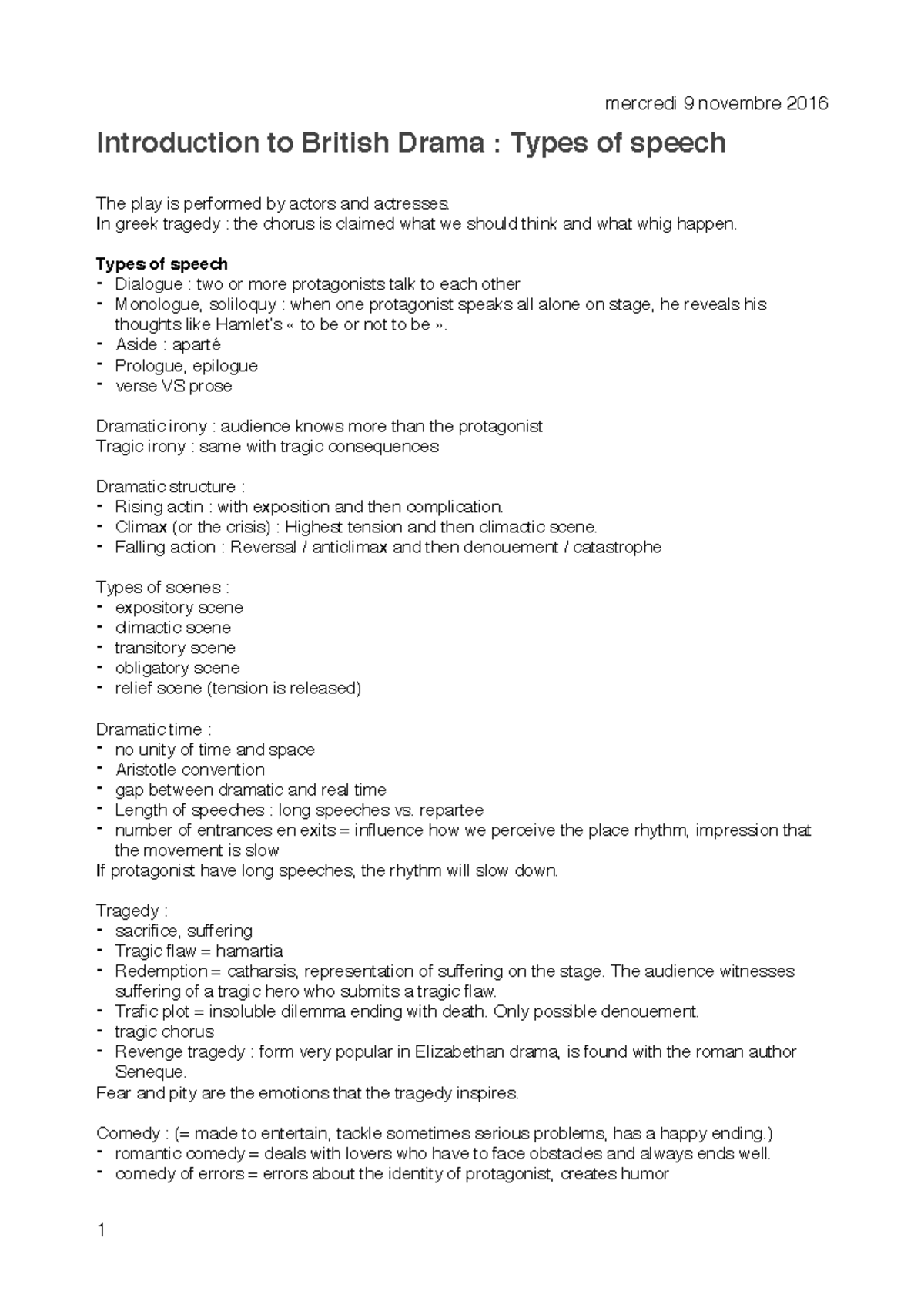Drama - Notes de cours 2 - mercredi 9 novembre 2016 Introduction to ...