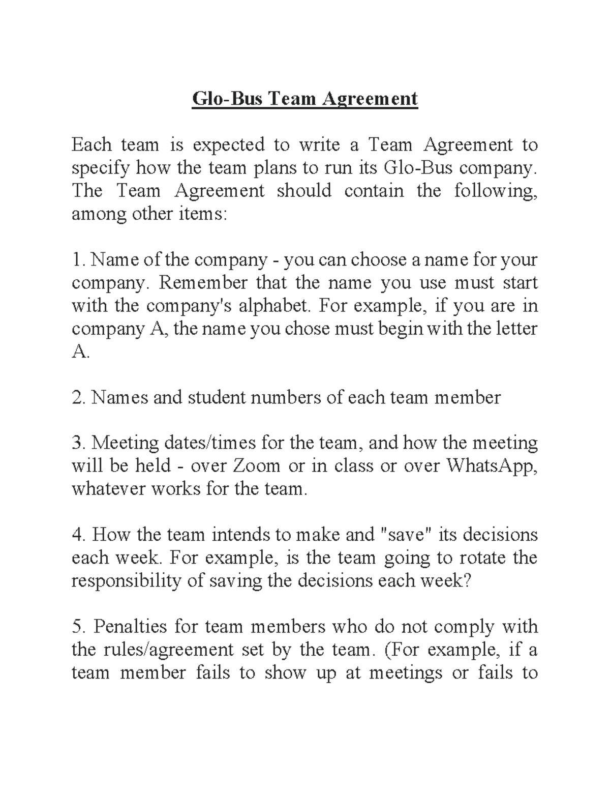 Glo-Bus Team Agreement - Glo-Bus Team Agreement Each team is expected ...