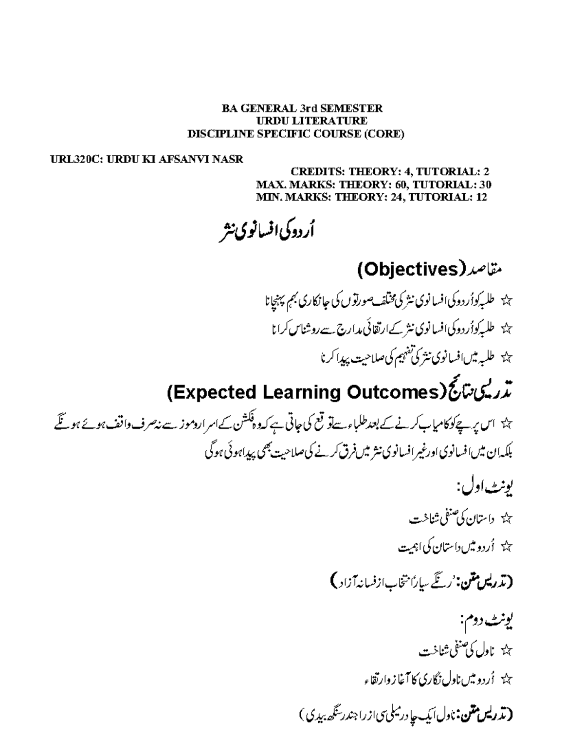 Syllabus Urdu Literature - (Objectives - Studocu