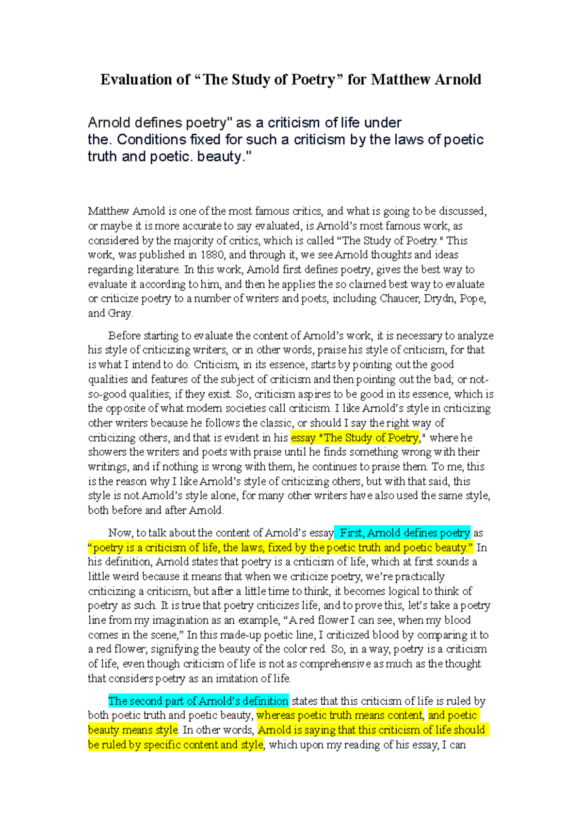 Evaluation-of-Arnold - Evaluation of “The Study of Poetry” for Matthew ...