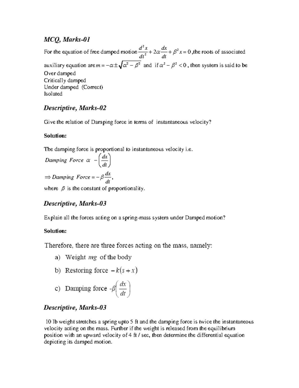 mth 401 Practice Questions (23) - MCQ, Marks- For the equation of free ...
