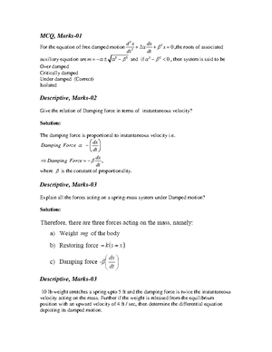 mth 401 Practice Questions (29) - Lecture 29 MCQ, Marks- The solution of the linear Örst order ...