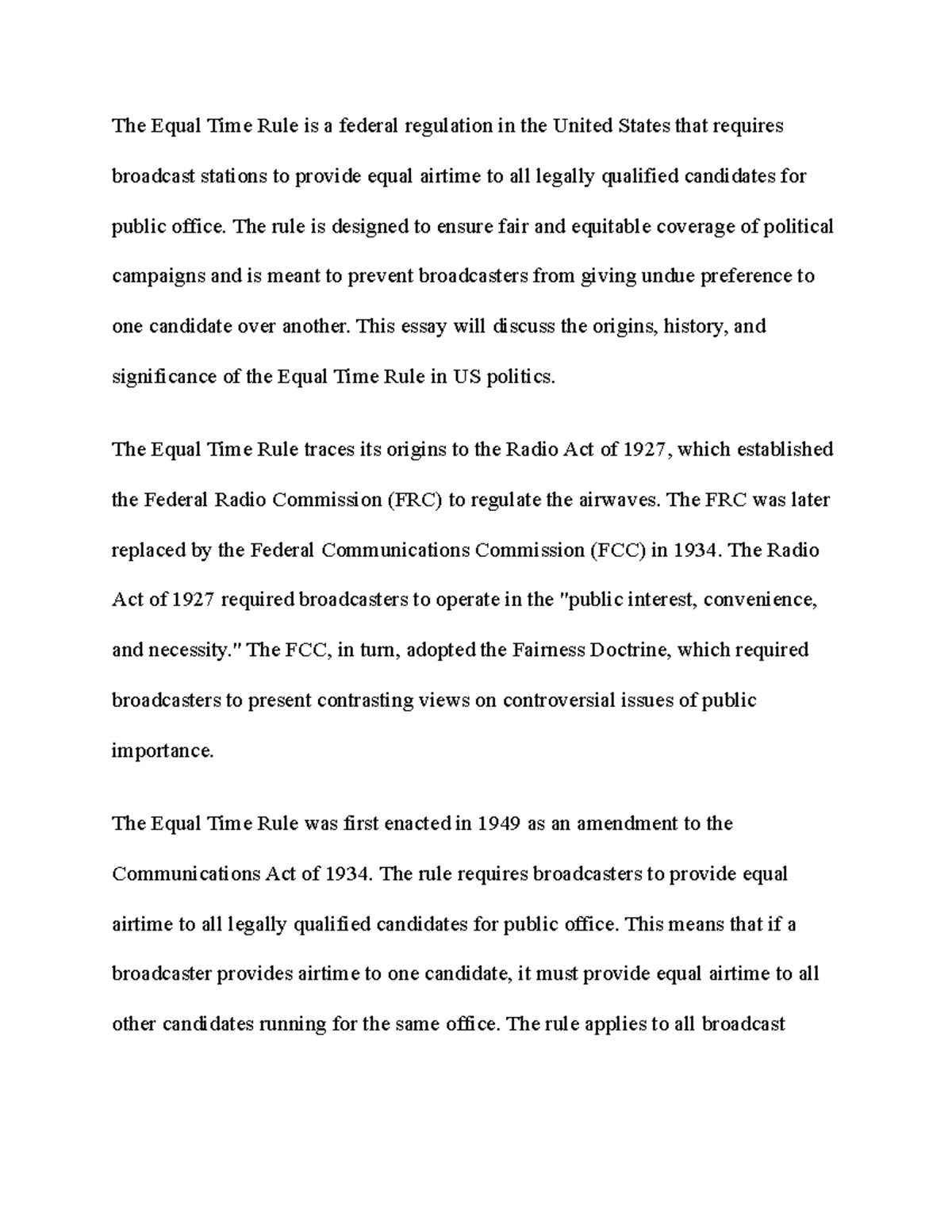 Equal Time Rule Notes - The Equal Time Rule is a federal regulation in ...