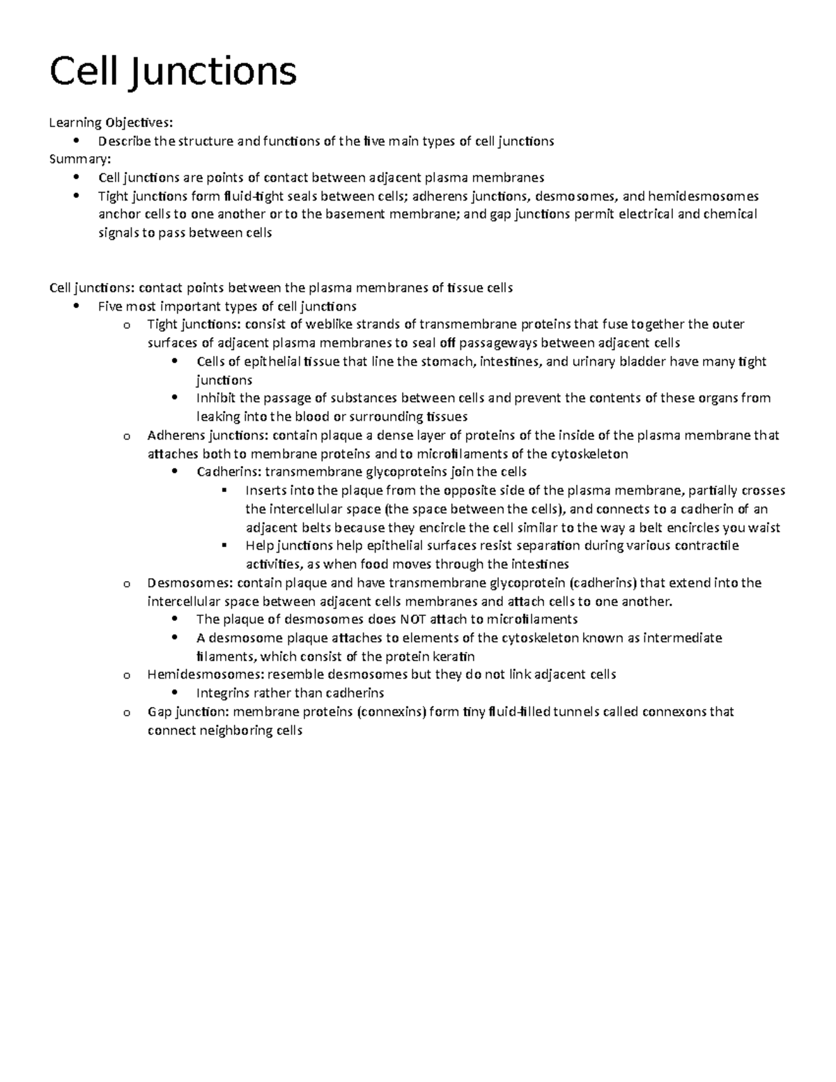 Cell Junctions - Lecture notes 1 - Cell Junctions Learning Objectives ...